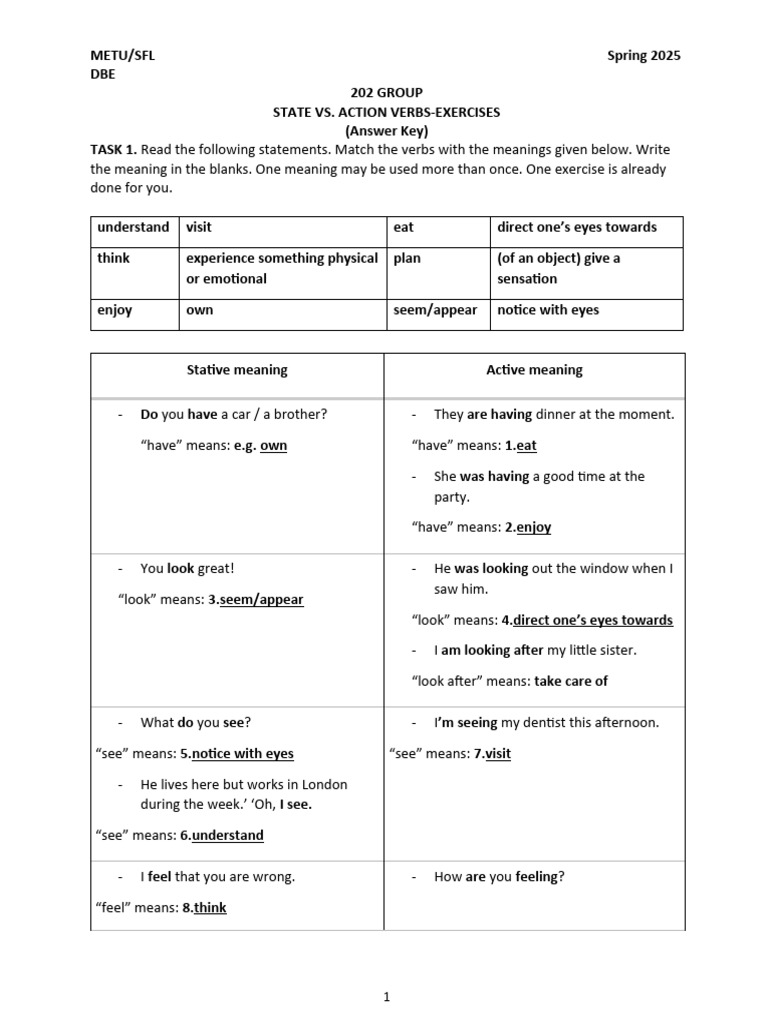 State vs. Action Verbs Exercises Guide | PDF