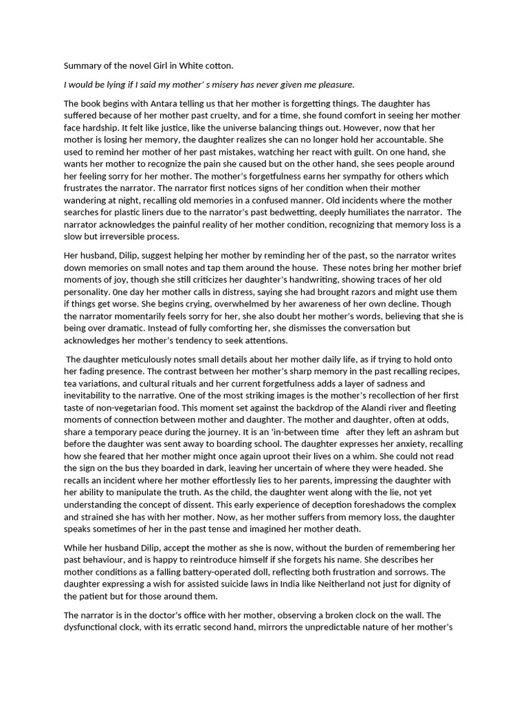 Summary of the Novel Girl in White Cotton | PDF | Psychology | Cognition