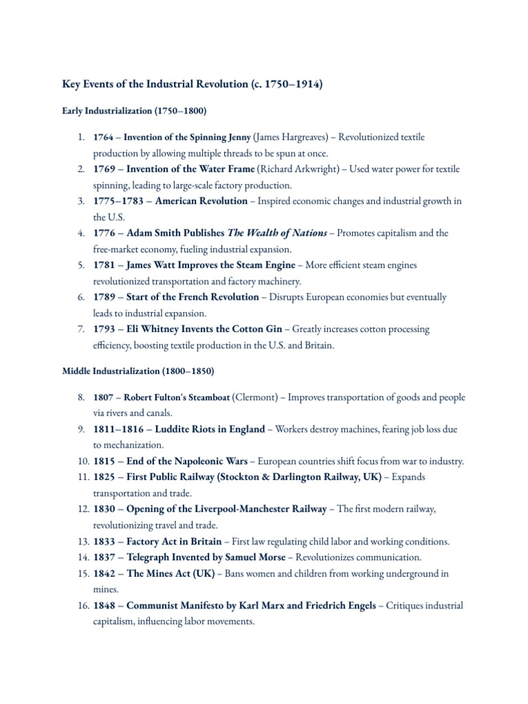 Key Events of the Industrial Revolution | PDF | Industrial Revolution ...