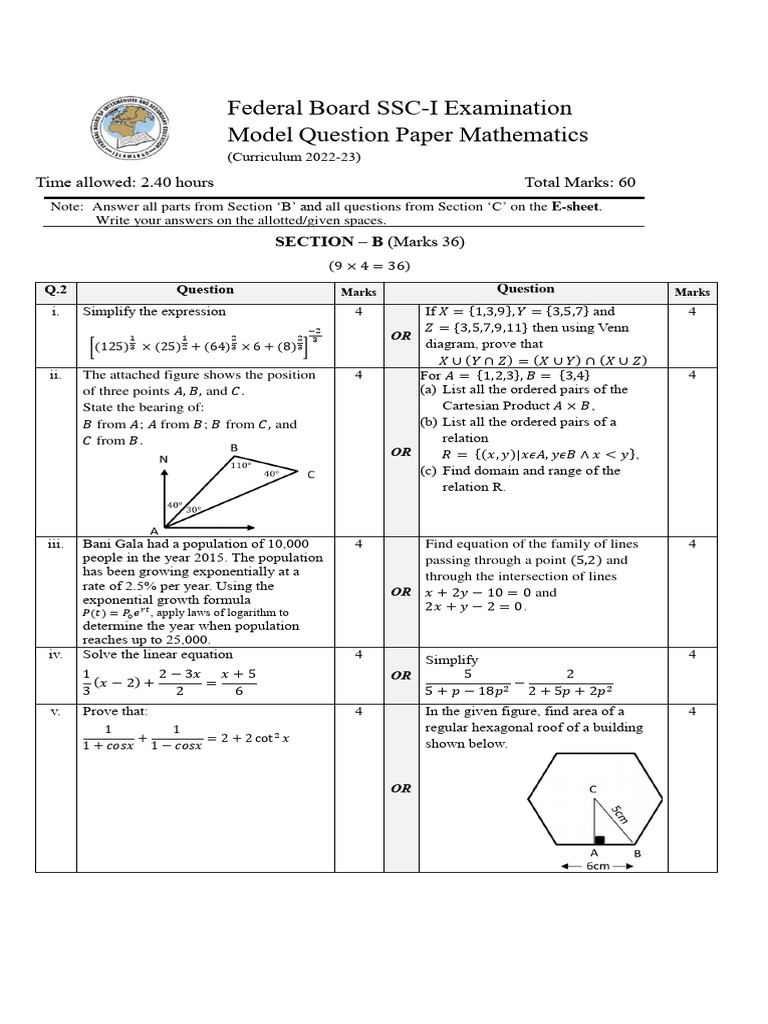 SSC-I Mathematics Model Paper 2022-23 | PDF | Mathematics ...
