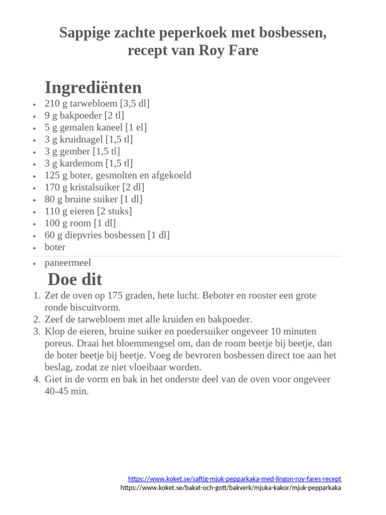 Sappige zachte peperkoek met bosbessen, recept van Roy Fare | PDF