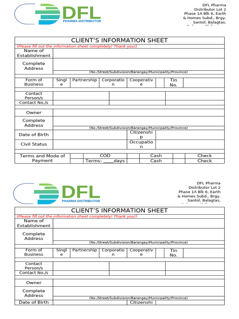 DFL Client Information Sheet | PDF