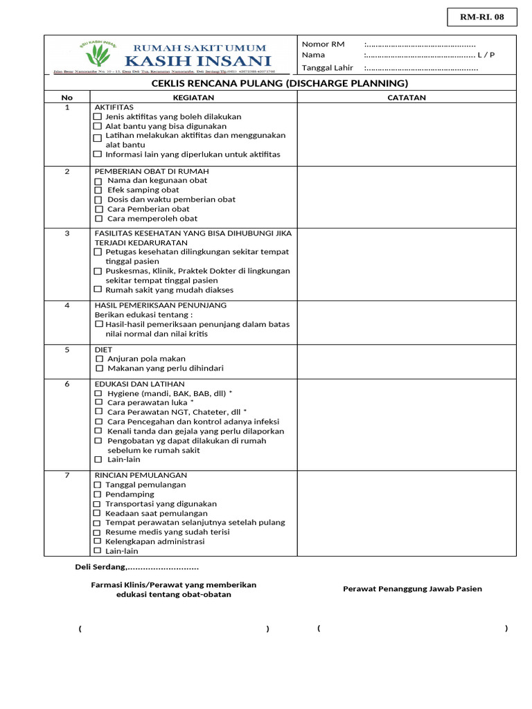 RM 8 CEKLIS RENCANA PULANG (DISCHARGE PLANNING) | PDF