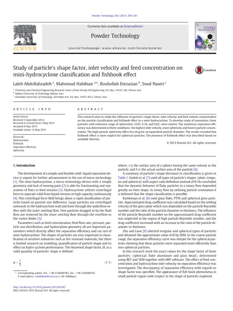 Study of Particle's Shape Factor, Inlet Velocity and Feed Concentration On Mini-Hydrocyclone ...