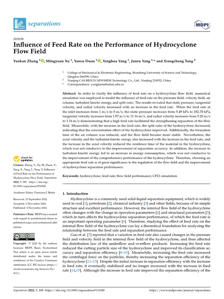 Influence of Feed Rate On The Performance of Hydrocyclone Flow Field ...