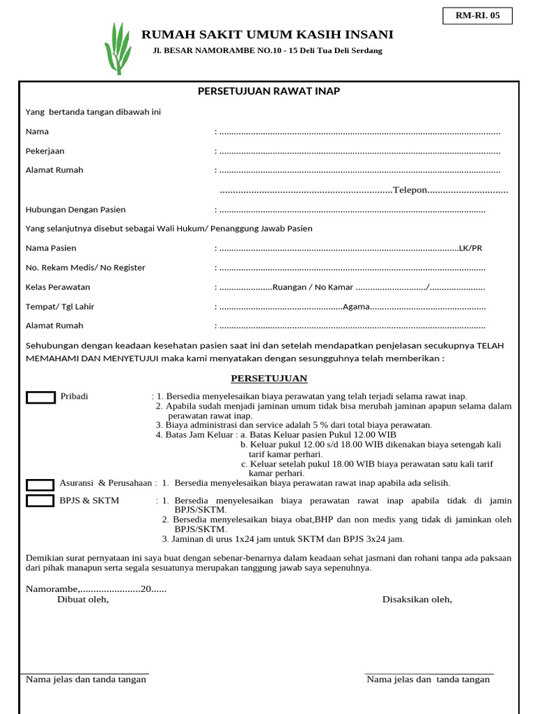 RM 5 Formulir Persetujuan Rawat Inap | PDF