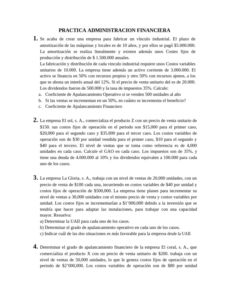 PRACTICA FINANZAS Apalancamiento Univlcr | PDF | Apalancamiento (Finanzas) | Business
