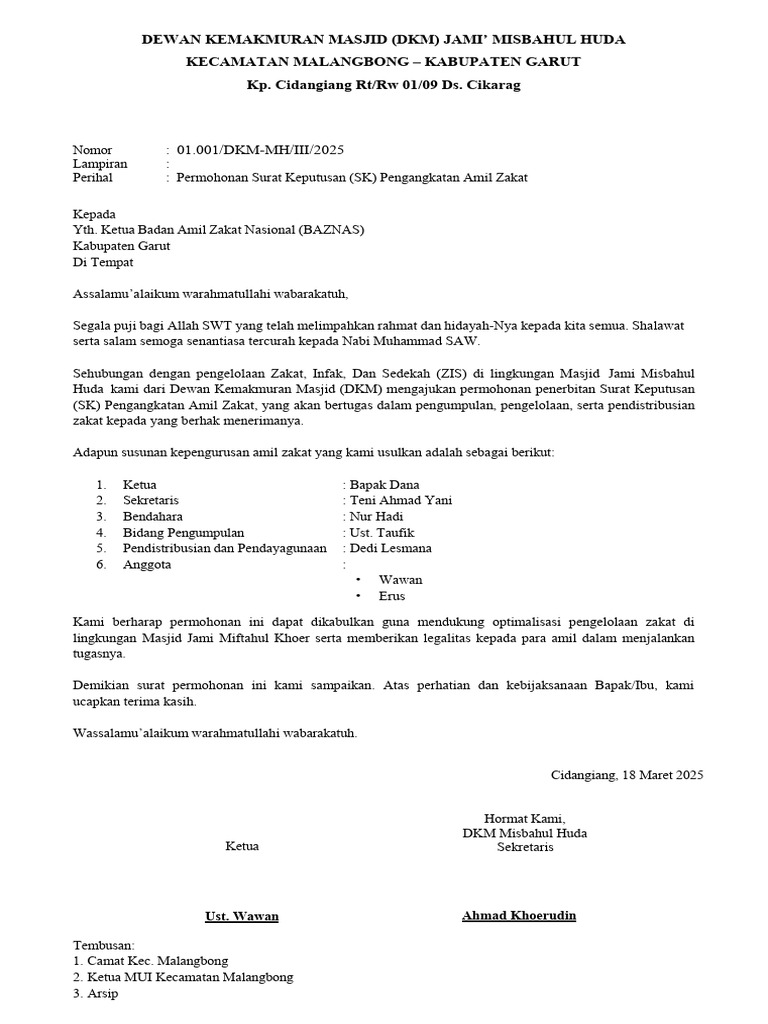 Surat Permohonan SK ZIS Cidangiang | PDF