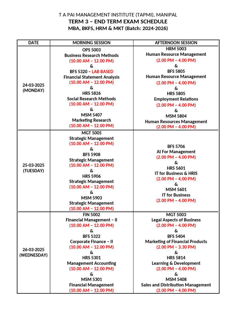 Term 3 End-term Timetable (Batch 2024-2026) | PDF | Human Resource Management | Control (Social ...