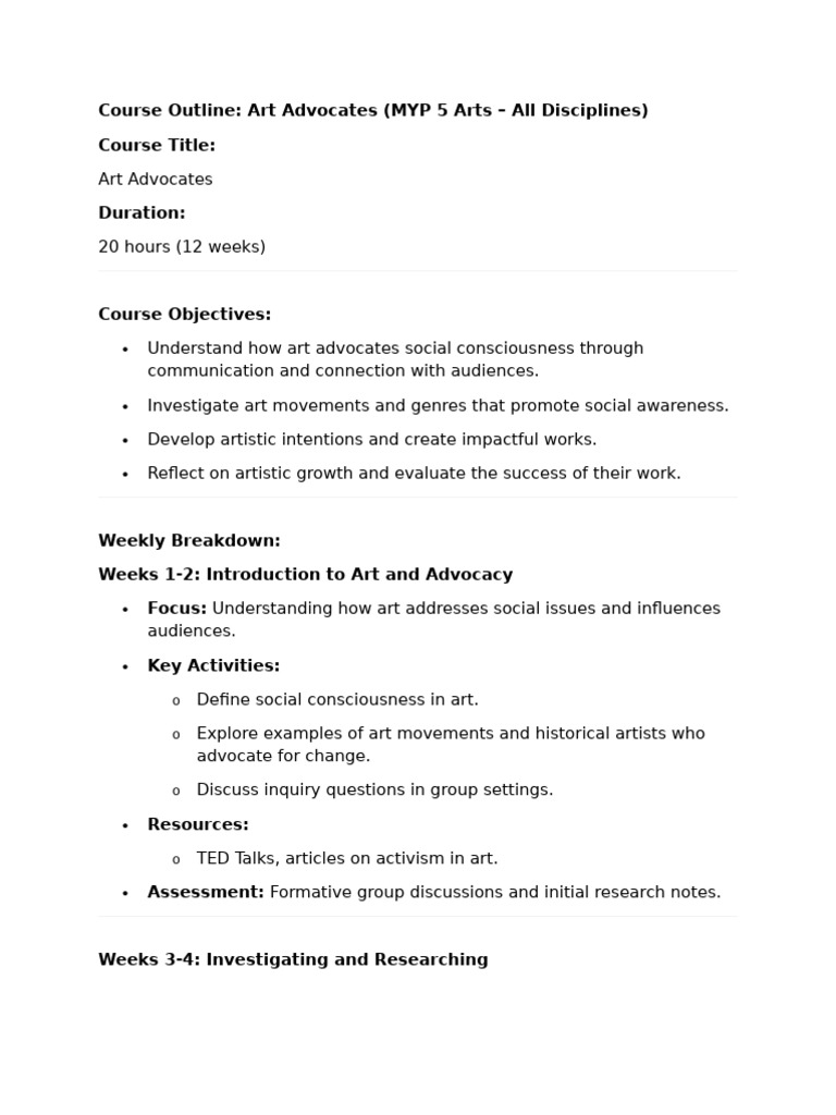 Art Advocates Course Outline MYP 5 | PDF | Consciousness | Learning