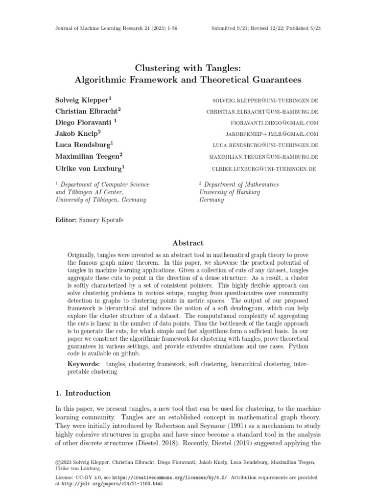 Clustering With Tangles: Algorithmic Framework and Theoretical Guarantees | PDF | Cluster ...