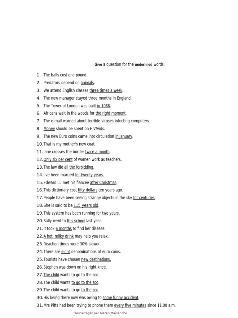 Make Questions For The Underlined Elements Elementary Answers | PDF ...