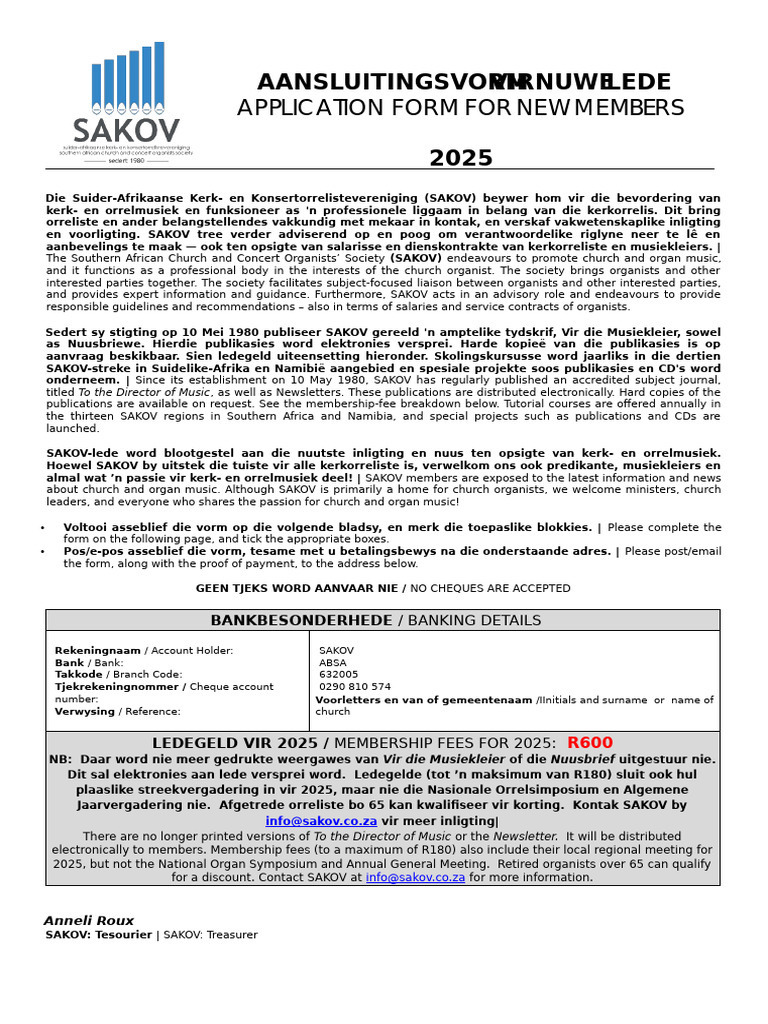 2025 SAKOV Aansluitingsvorm SAKOV Application Form | PDF