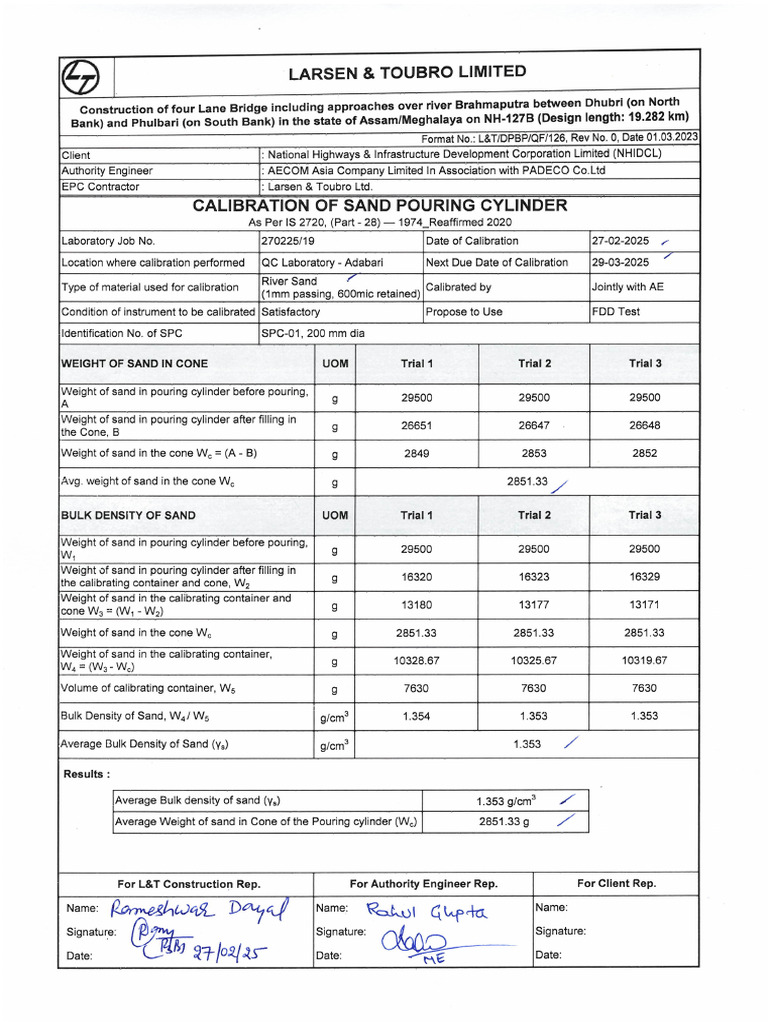 Inhouse Calibration Report - Sand Pouring Cylinder | PDF