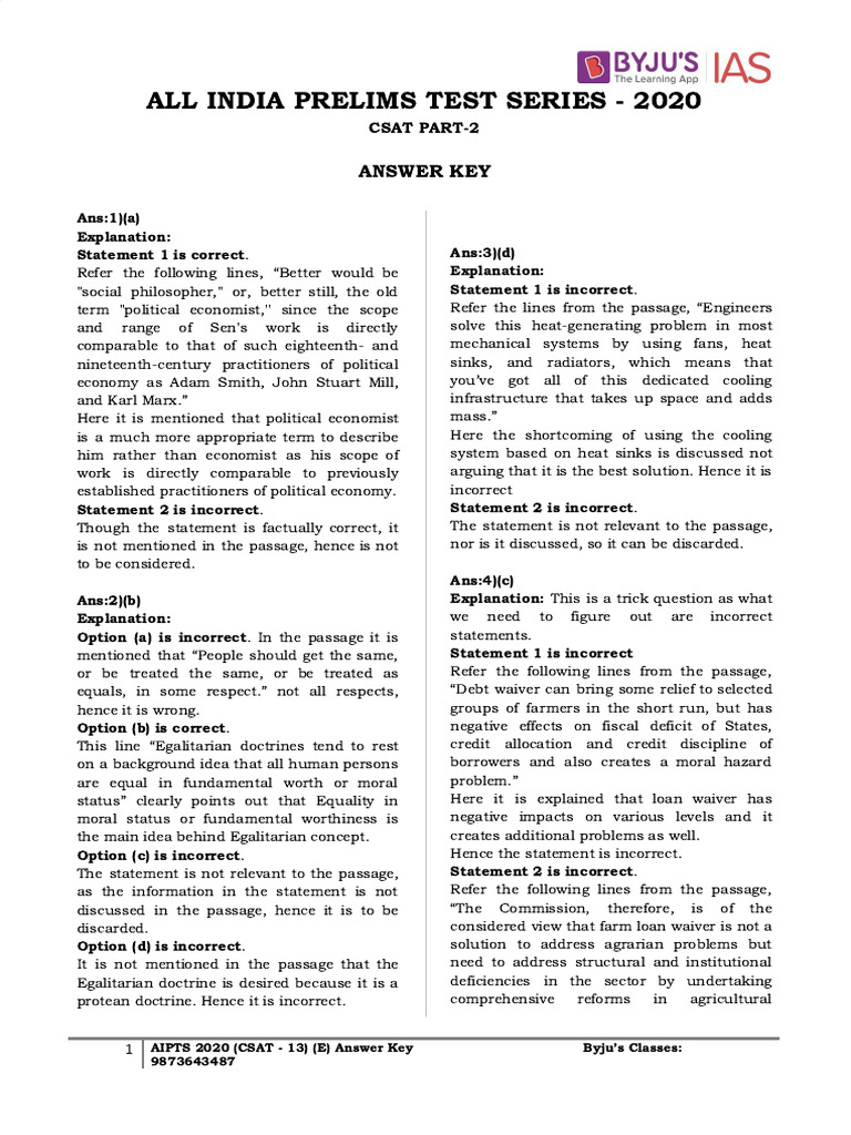 All India Prelims 2020 CSAT Answer Key | PDF | Egalitarianism | Empowerment