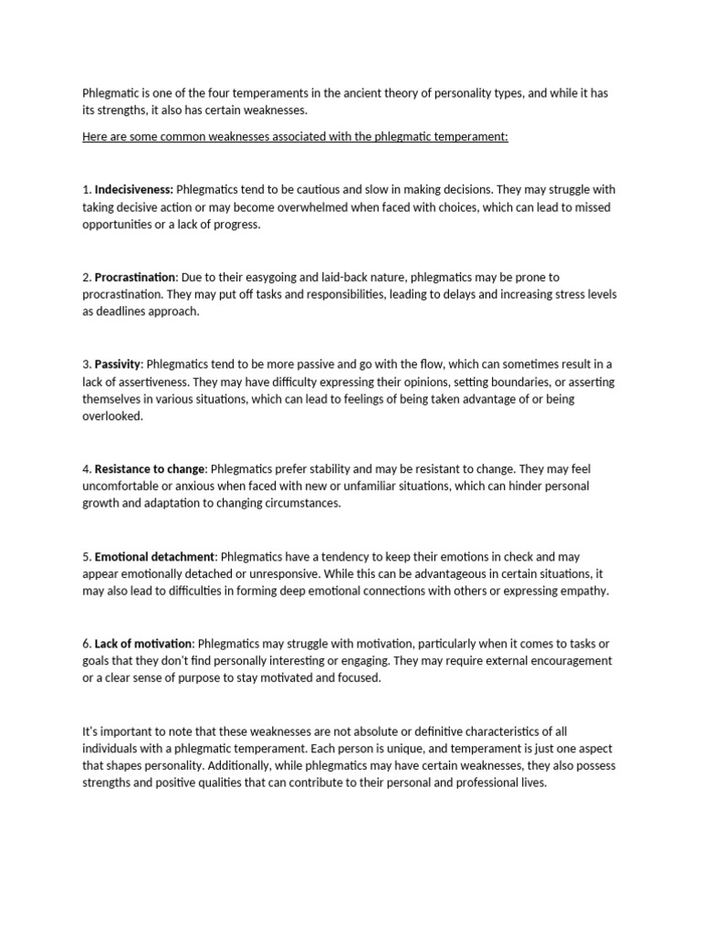 Phlegmatic Personality: Strengths & Weaknesses | PDF | Emotions ...