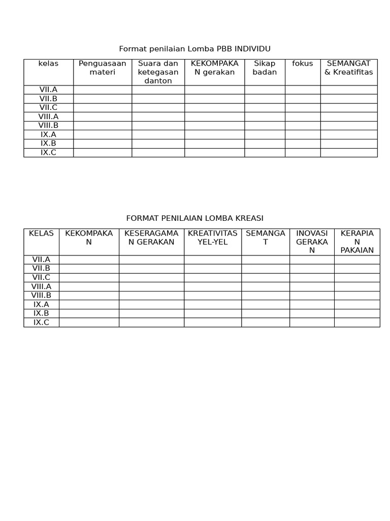 Format Penilaian Lomba PBB INDIVIDU | PDF