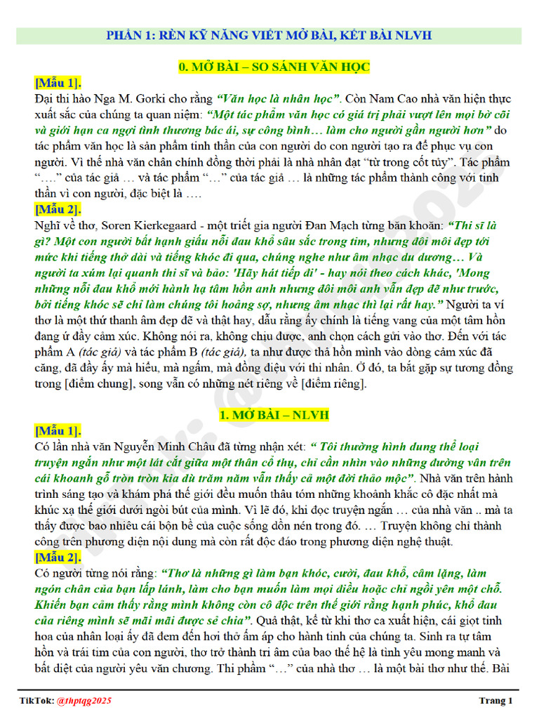 MỞ BÀI - KẾT BÀI NLVH, NLXH, SO SÁNH HAI TÁC PHẨM - CHƯƠNG TRÌNH MỚI - TikTok @thptqg2025. | PDF
