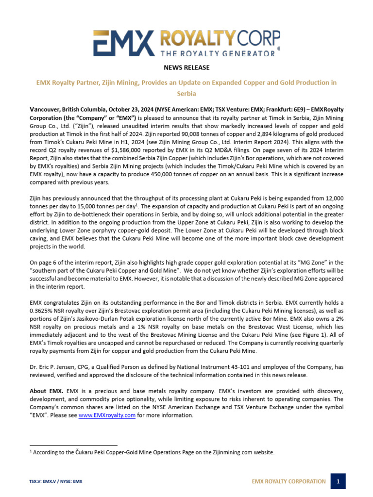 Emx Nr Timok Update Oct 23 2024 f | PDF | Valuation (Finance) | Risk