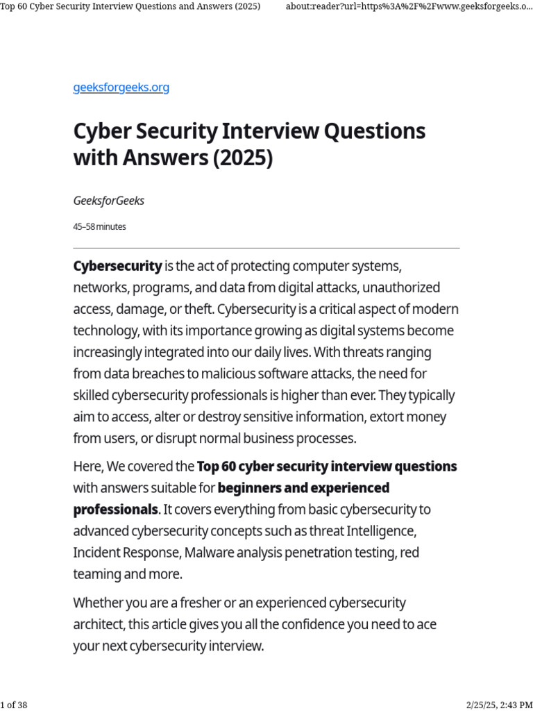 Top 60 Cyber Security Interview Questions and Answers (2025) | PDF ...