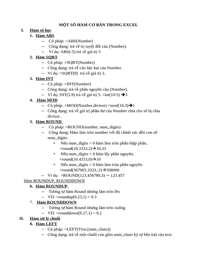 Ham Co Ban Trong Excel | PDF