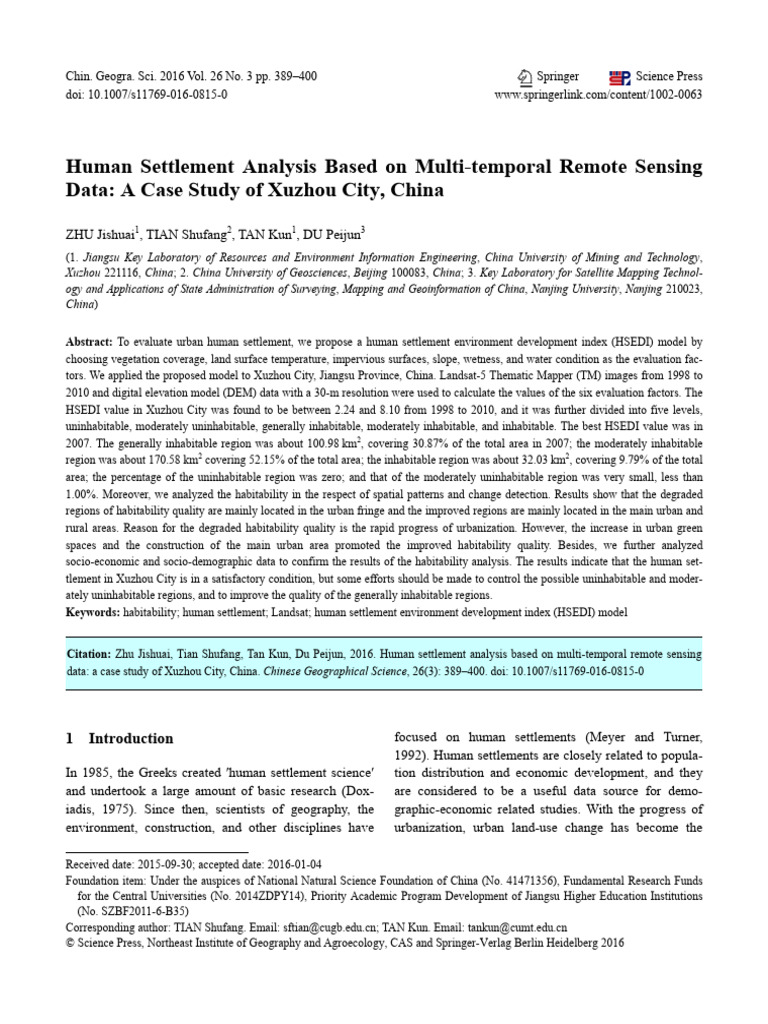 Human Settlement Analysis Based On Multi-Temporal Remote Sensing Data - A Case Study of Xuzhou ...