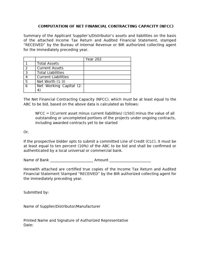 Computation of Net Financial Contracting Capacity (NFCC) | PDF