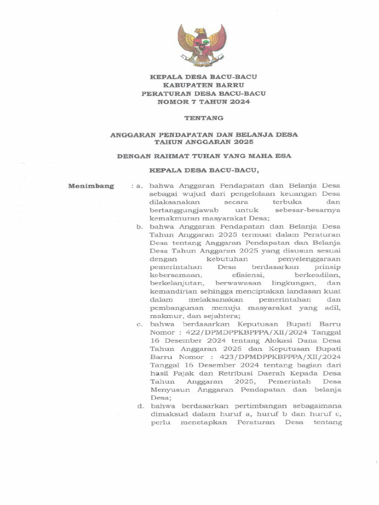 Perdes Dan Perkades Apbdesa 2025 Bacu-Bacu | PDF