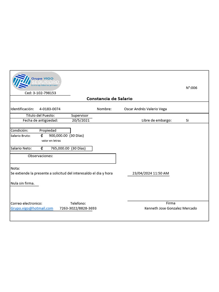 Constancia Salarial Costa Rica | PDF
