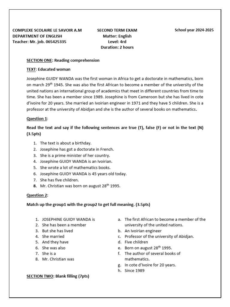 English Exam for 4th Level Students | PDF