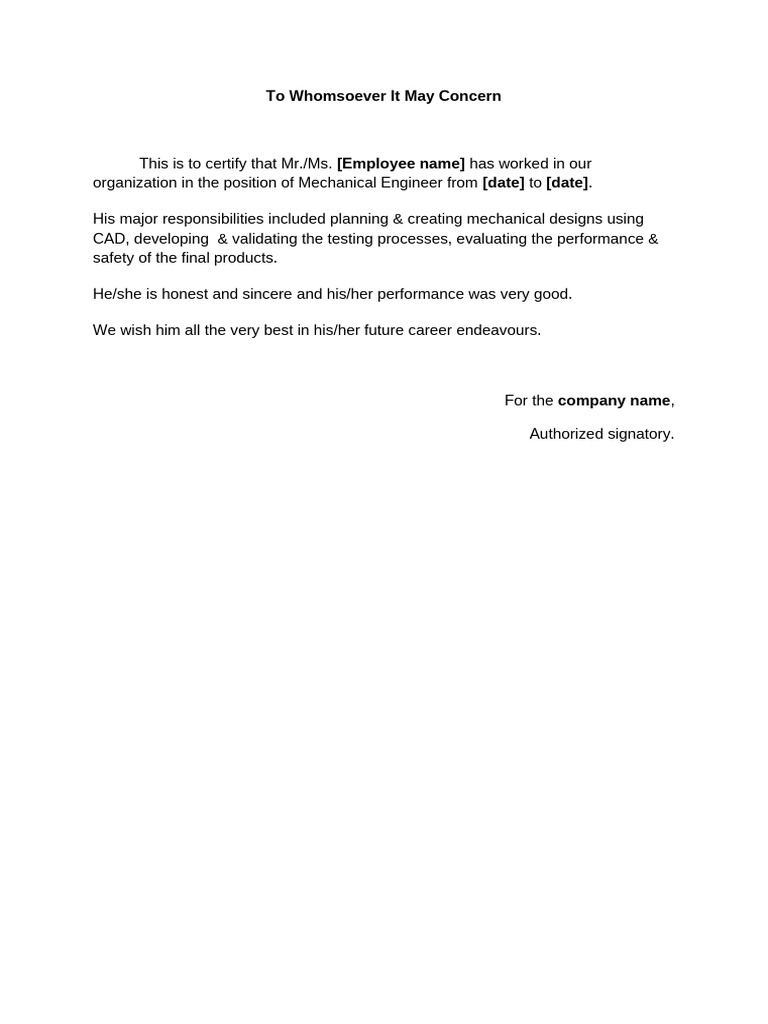 Mechanical Engineer Work Experience Certificate 2 | PDF