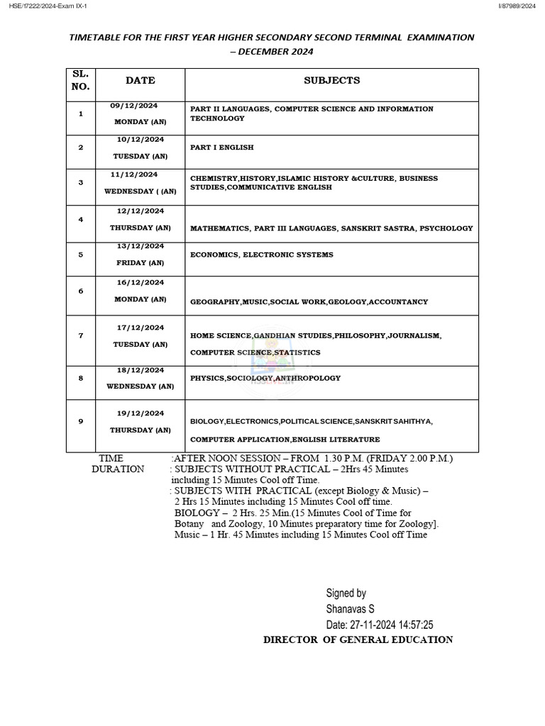 Hsslive Xi Second Term Time Table Dec 2024 | PDF | Science | Liberal ...