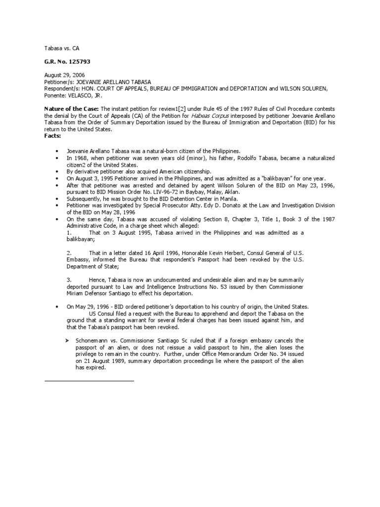 G.R. No. 125793: Habeas Corpus | PDF | Naturalization | United States ...