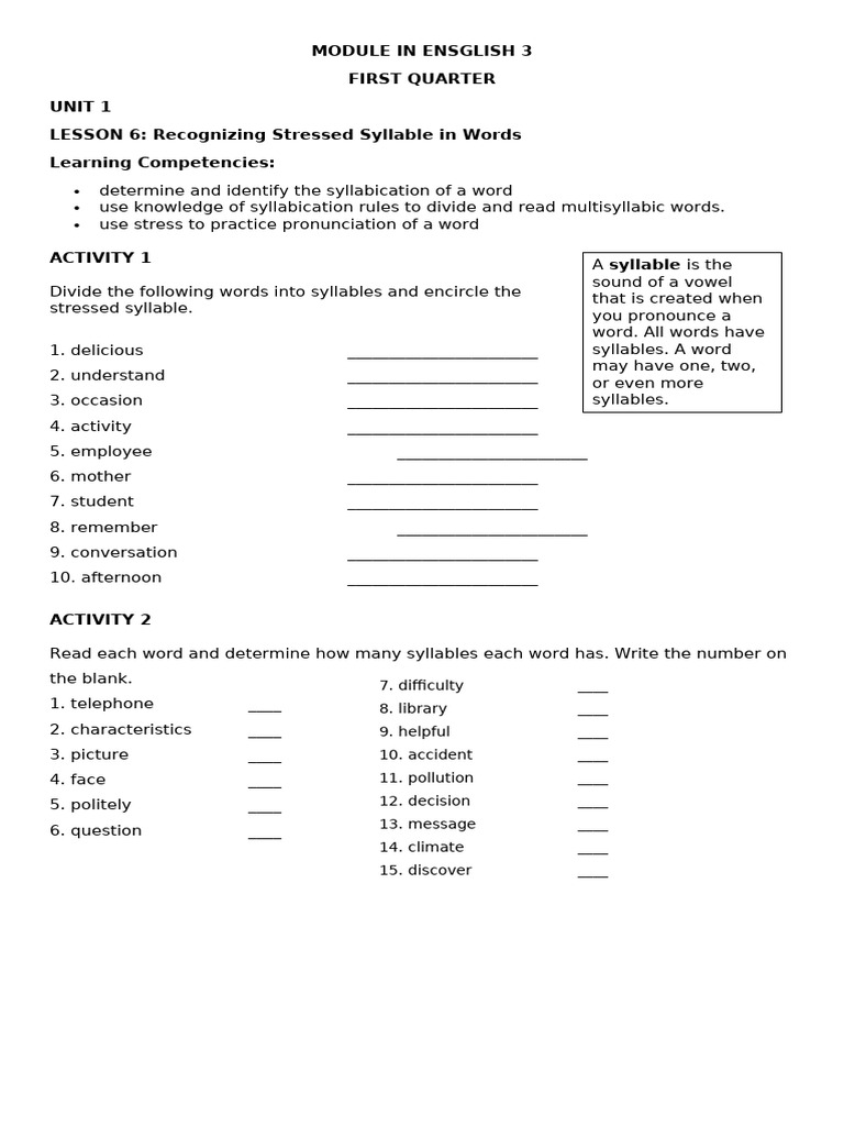 Module in Ensglish 3 First Quarter Unit 1 LESSON 6: Recognizing ...