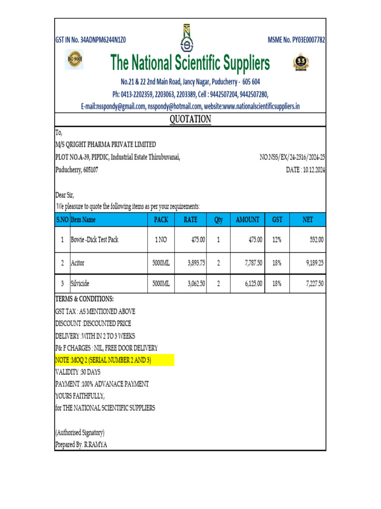 The National Scientific Suppliers: Quotation | PDF