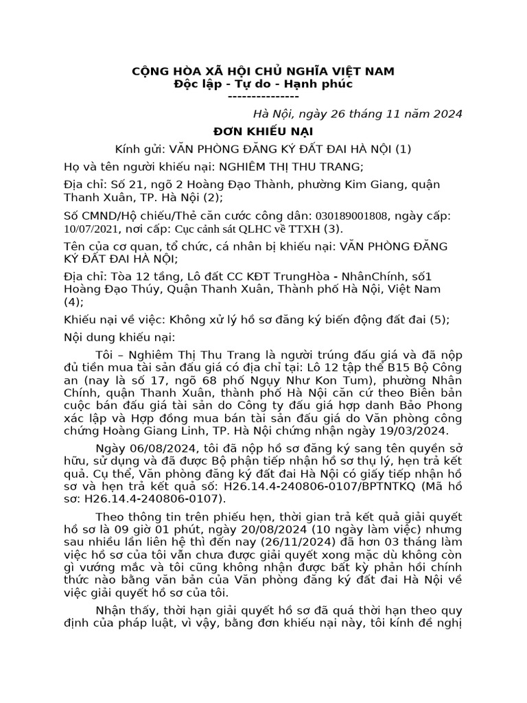 Mau Don Khieu Nai Hanh Chinh | PDF