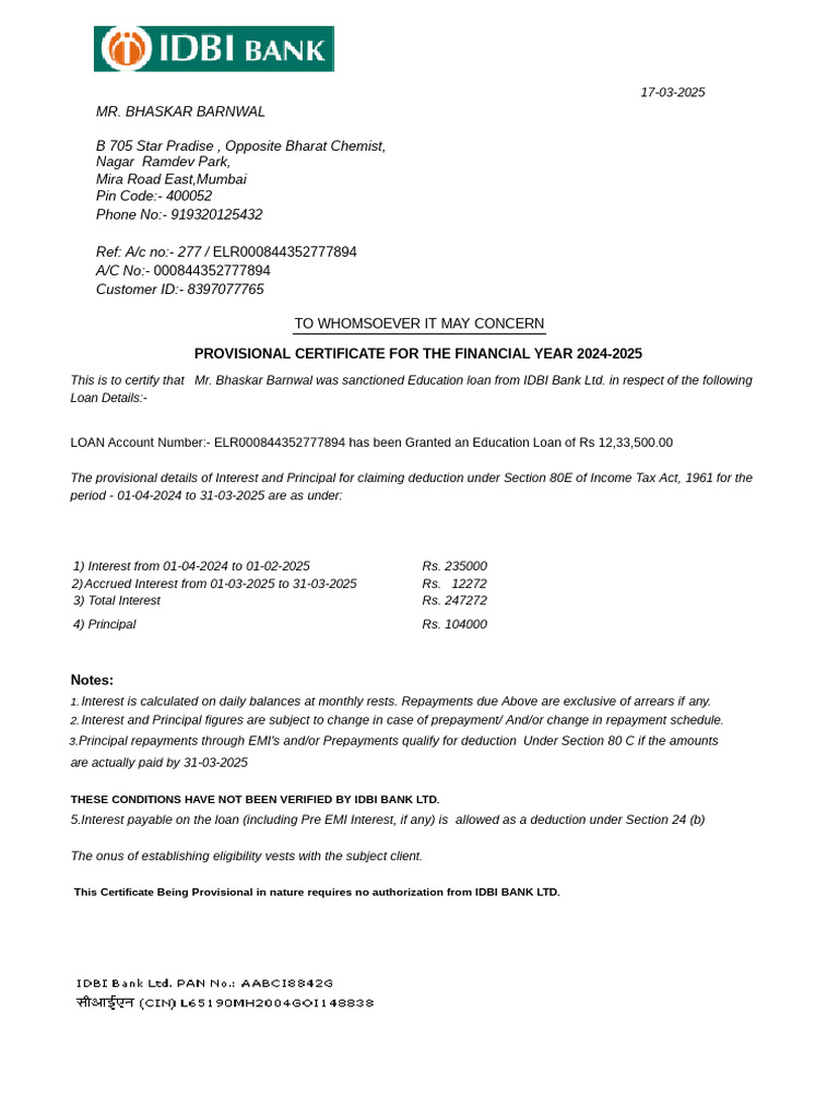 SEC 80E-Provisional Certificate 2024 25 | PDF
