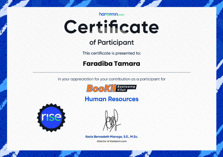 Sertifikat Harisenin BooKil Human Resources - Faradiba Tamara | PDF