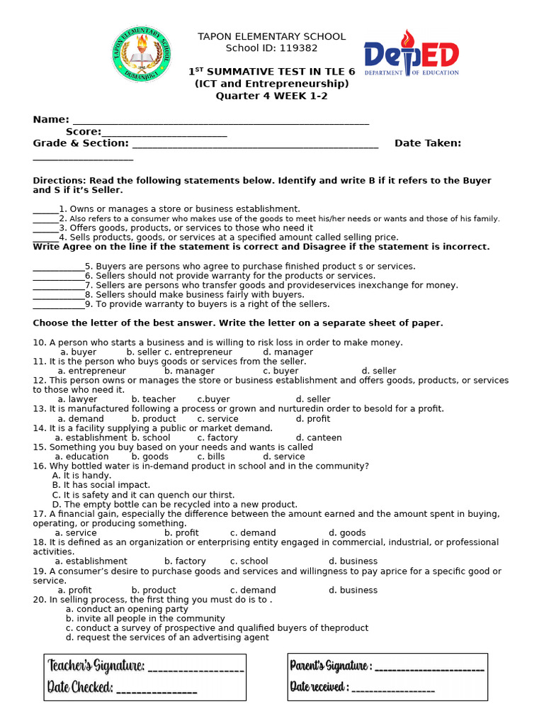 TLE 6 Summative Test: ICT & Entrepreneurship | PDF | Goods | Economics