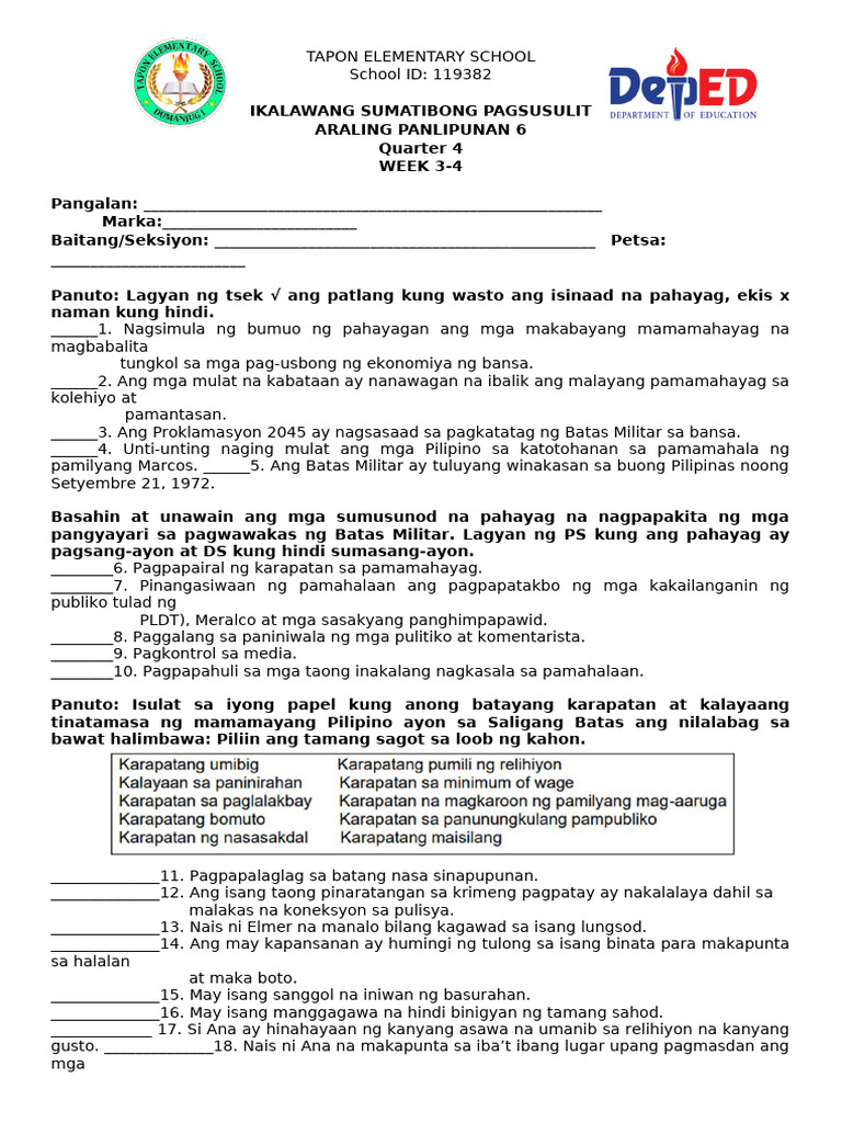 Q4 Summative Test 2 Ap 6 W3-4 | PDF