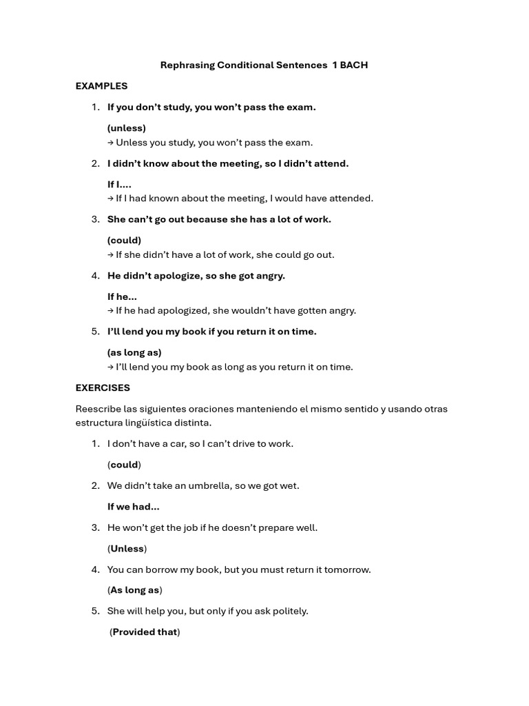 Rephrasing Conditional Sentences Exercises | PDF