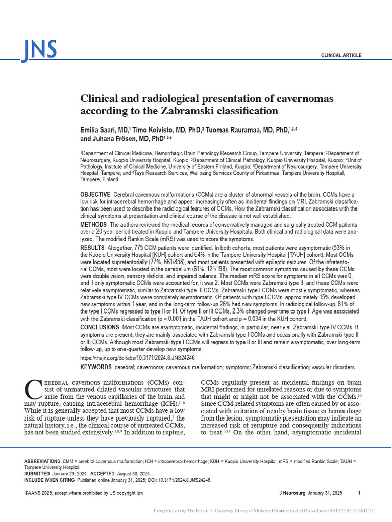 Clinical and Radiological Presentation of Cavernomas According To The ...