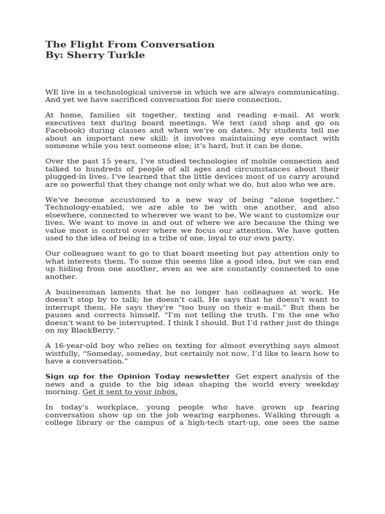 The Flight From Conversation by Sherry Turkle | PDF | Artificial ...