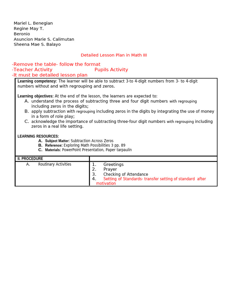 Detailed Math Lesson Plan: Subtraction | PDF | Subtraction
