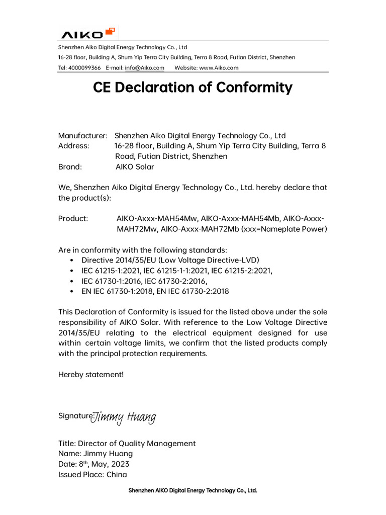 Aiko Declaration of Conformity ABC Module1 | PDF