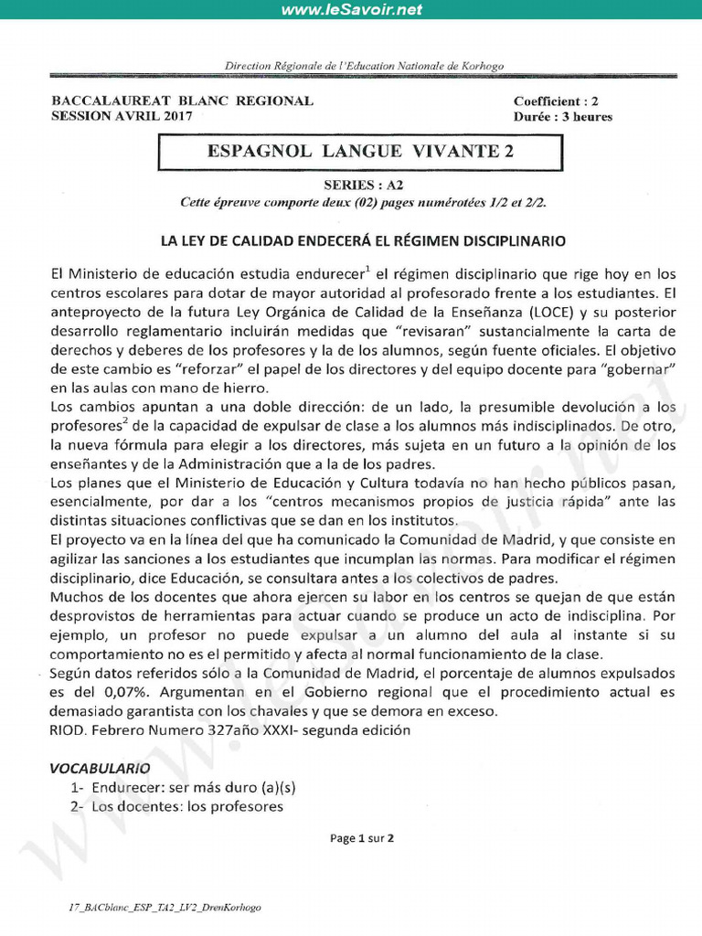 17 BACblanc ESP TA2 LV2 DrenKorhogo | PDF