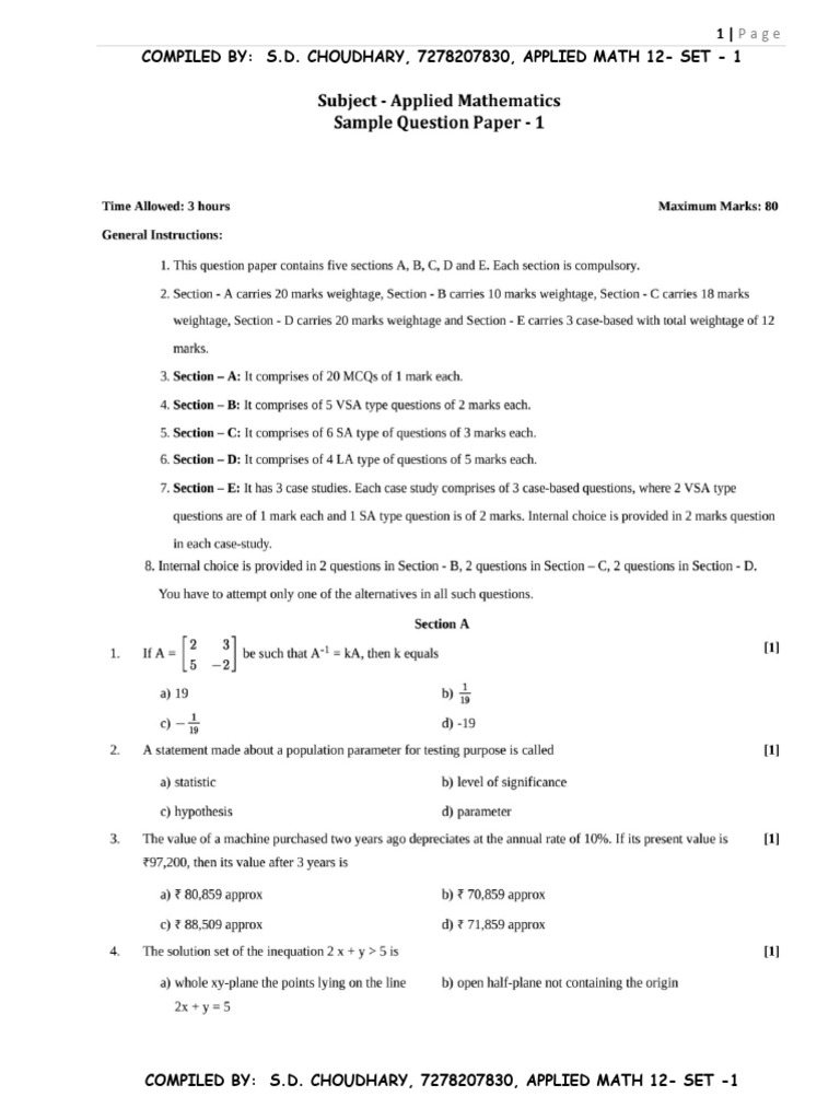 Applied Math Class 12 Cbse Q Set - 1 | PDF | Interest | Mathematics