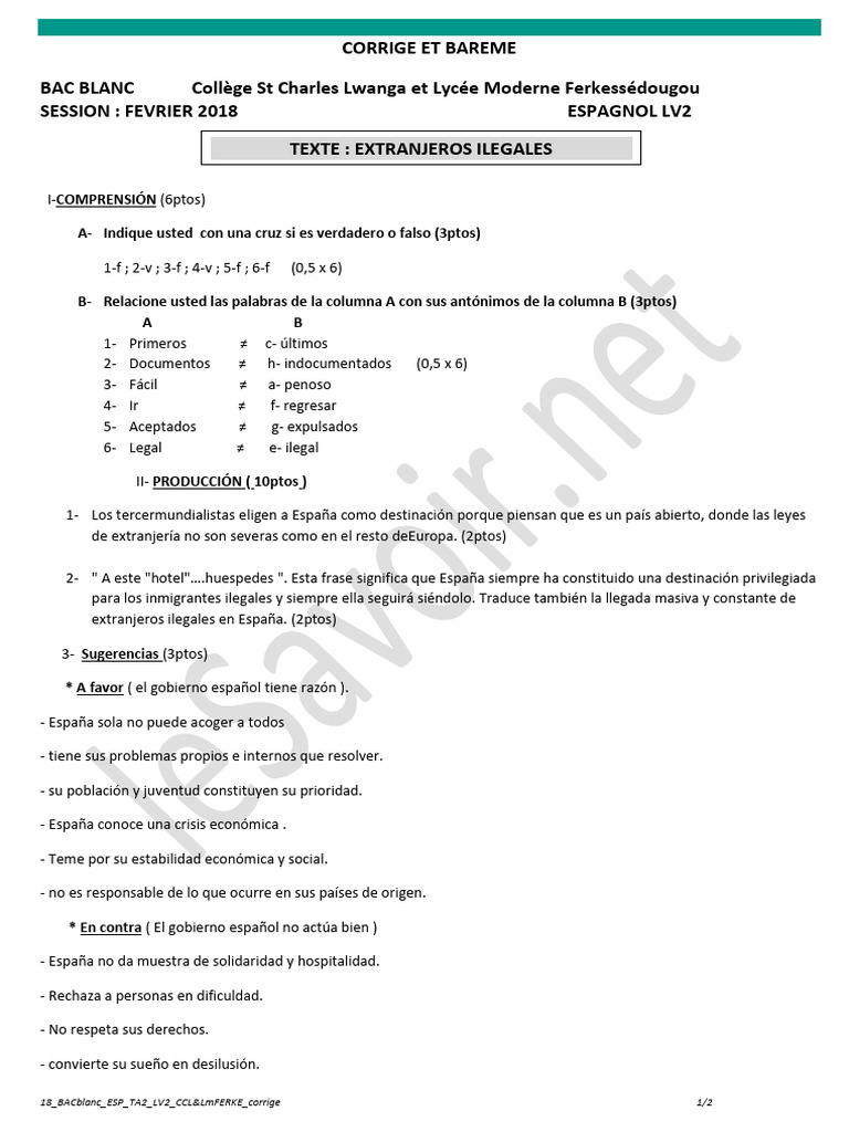 18 BACblanc ESP TA2 LV2 CCLLmFERKE Corrige | PDF | España
