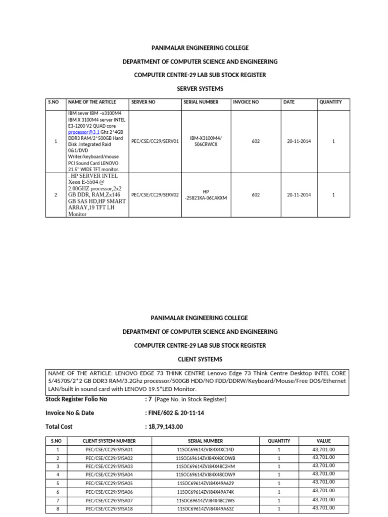 Computer Centre Sub Stock Register | PDF | Intel | Computer Hardware