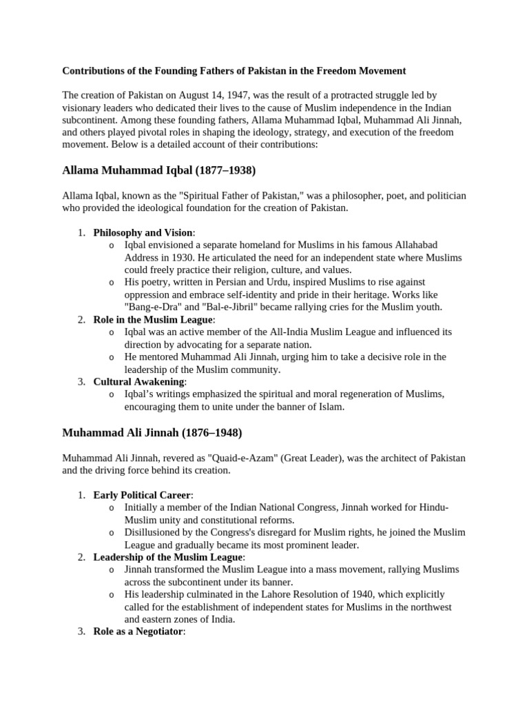 Contributions of the Founding Fathers of Pakistan in the Freedom ...